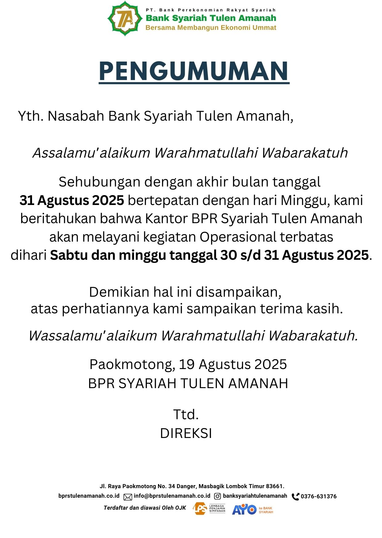 PENGUMUMAN - Bank Syariah Tulen Amanah